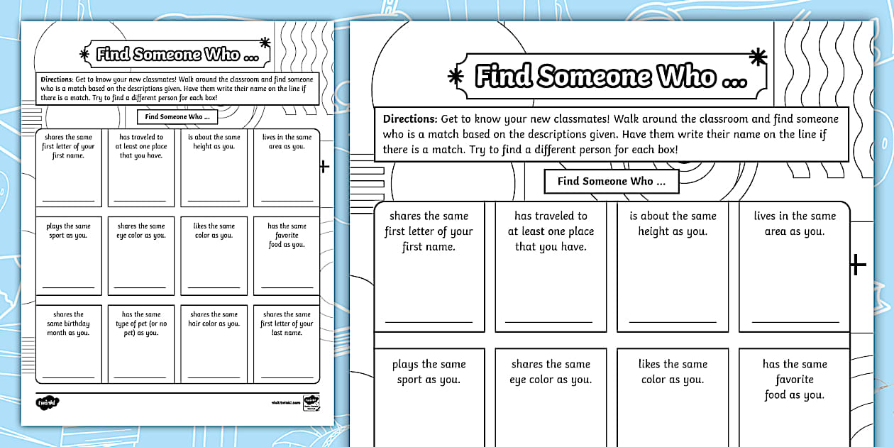 Seventh Grade Back to School Find Someone Who Matches Worksheet