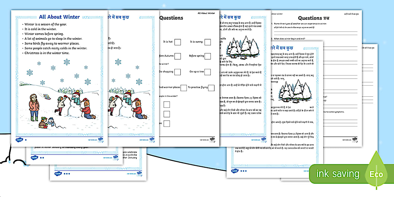 Winter Differentiated Reading Comprehension Activity English/Hindi