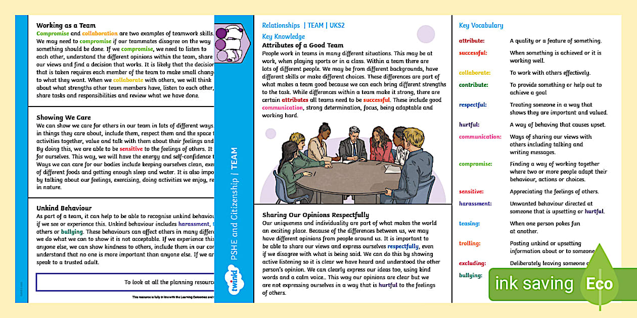PSHE: UKS2 TEAM - Knowledge Organiser (Teacher-Made)