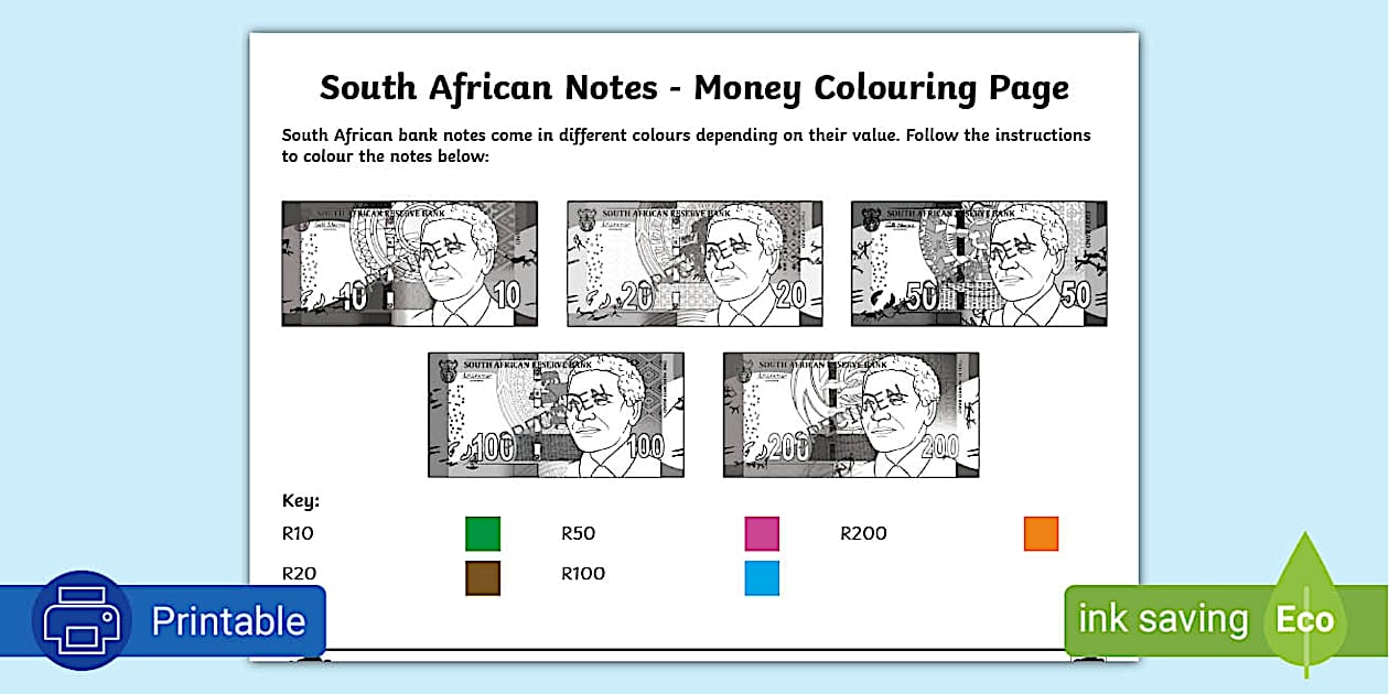 South African Banknotes Colouring Page - Twinkl South Africa