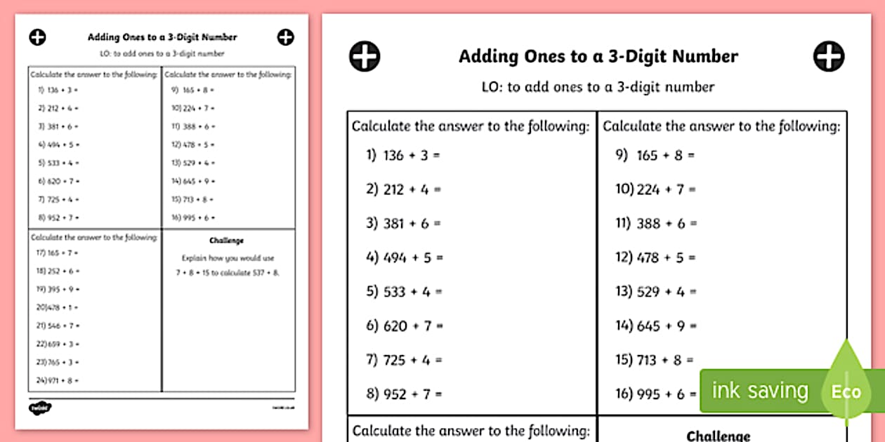 Adding Ones to a 3 Digit Number Worksheet Year 3 - Twinkl