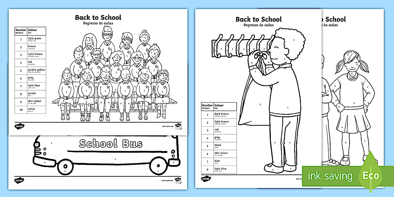 Back to School Colour by Numbers Activity Pack English/Portuguese