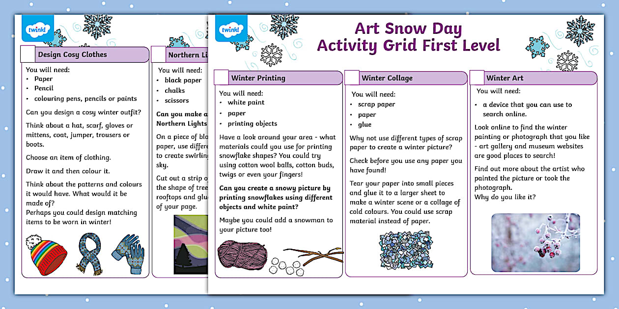 Art Snow Day Activity Grid - First Level (teacher made)