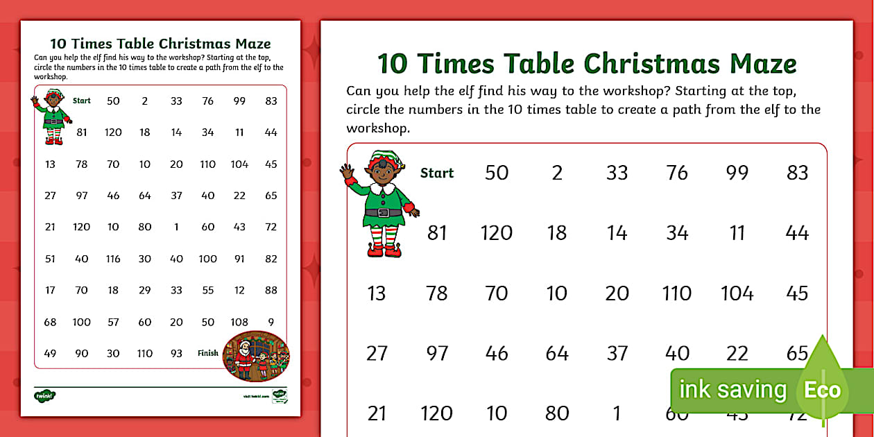 👉 10 Times Table Christmas Maze - Twinkl