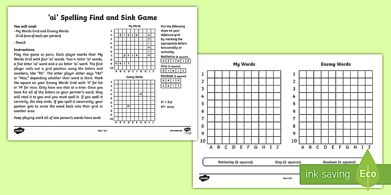 Spelling Battleship Template | ‘ai’ Words | F-2 Phonics