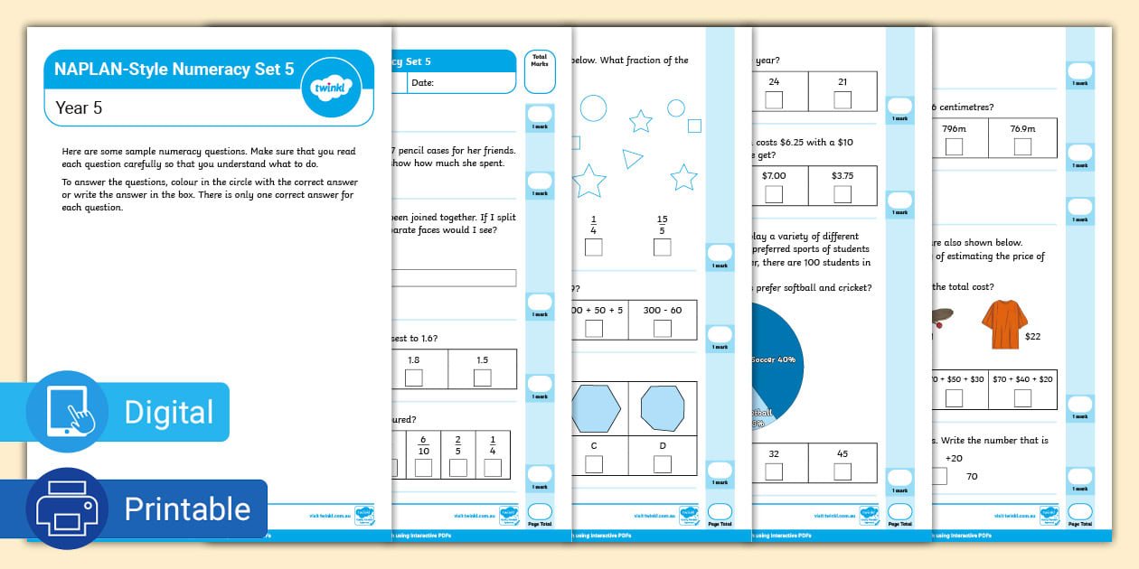 Year 5 NAPLAN-Style Interactive PDF Numeracy Tests - Set 5