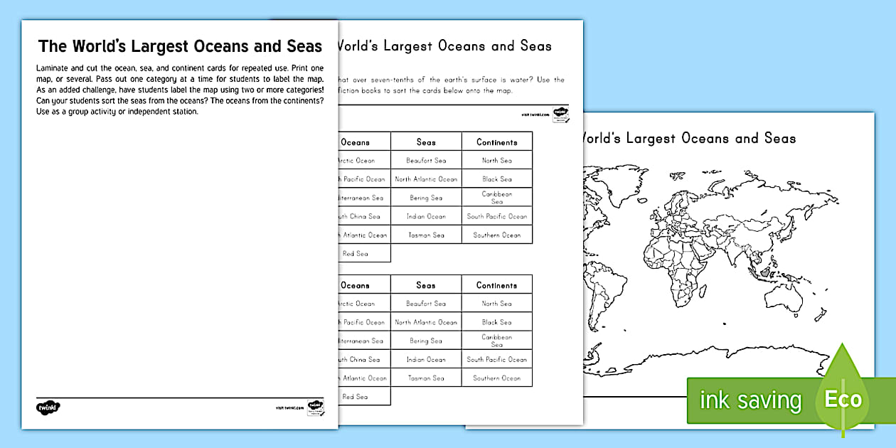 Editable The World's Largest Oceans and Seas Worksheet