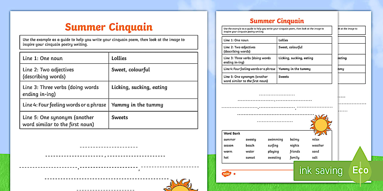 SA Summer Cinquain Poem Differentiated Worksheet - Twinkl