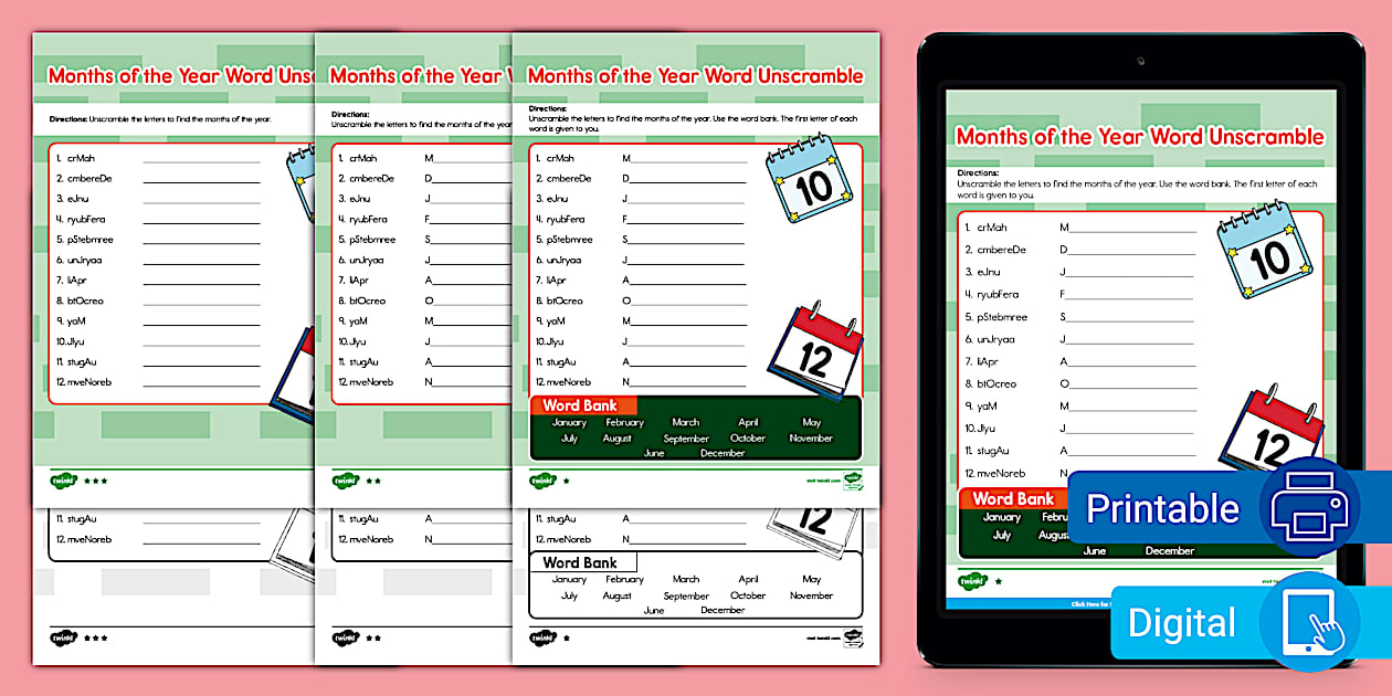 Months of the Year Differentiated Word Unscramble for 1st-2nd Grade