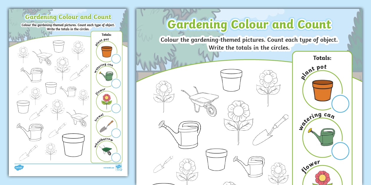 👉 Gardening Colour and Count Worksheet - Twinkl - KS1