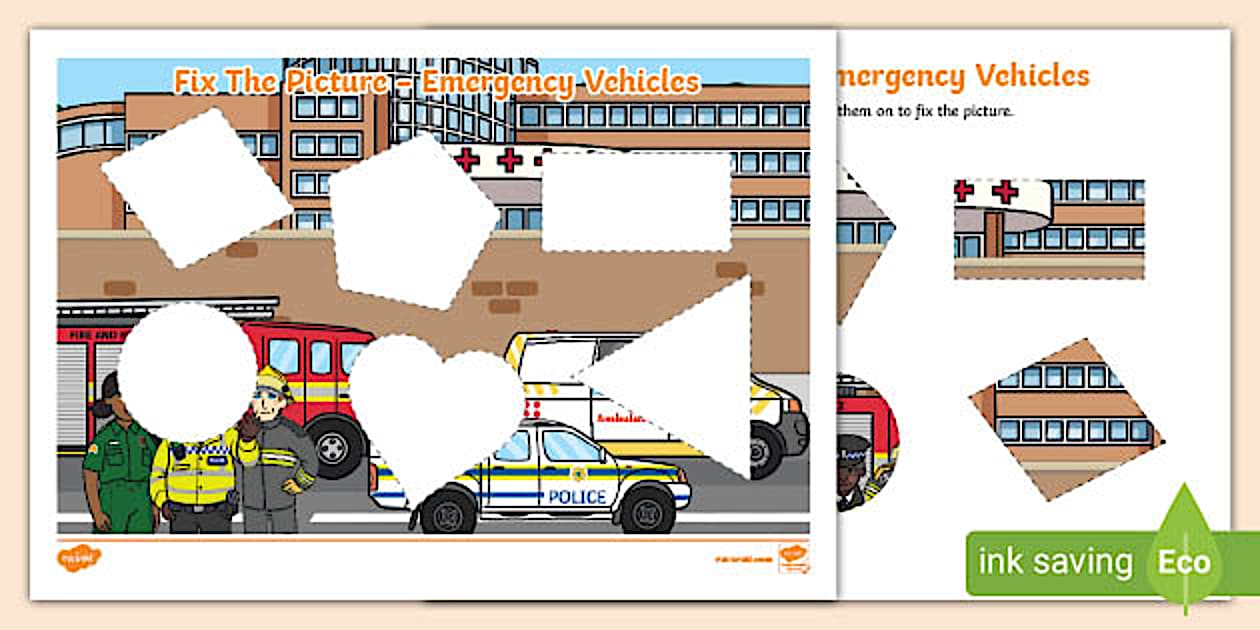 Fix the Picture Emergency Vehicle Cutting Skills Worksheet