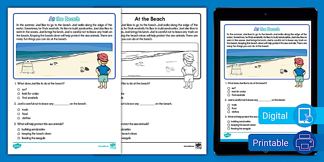 First Grade At the Beach Reading Comprehension Activity Worksheet