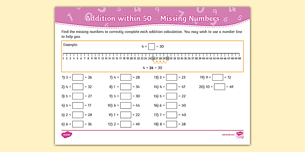 Missing Numbers Addition within 50 Worksheet / Worksheet