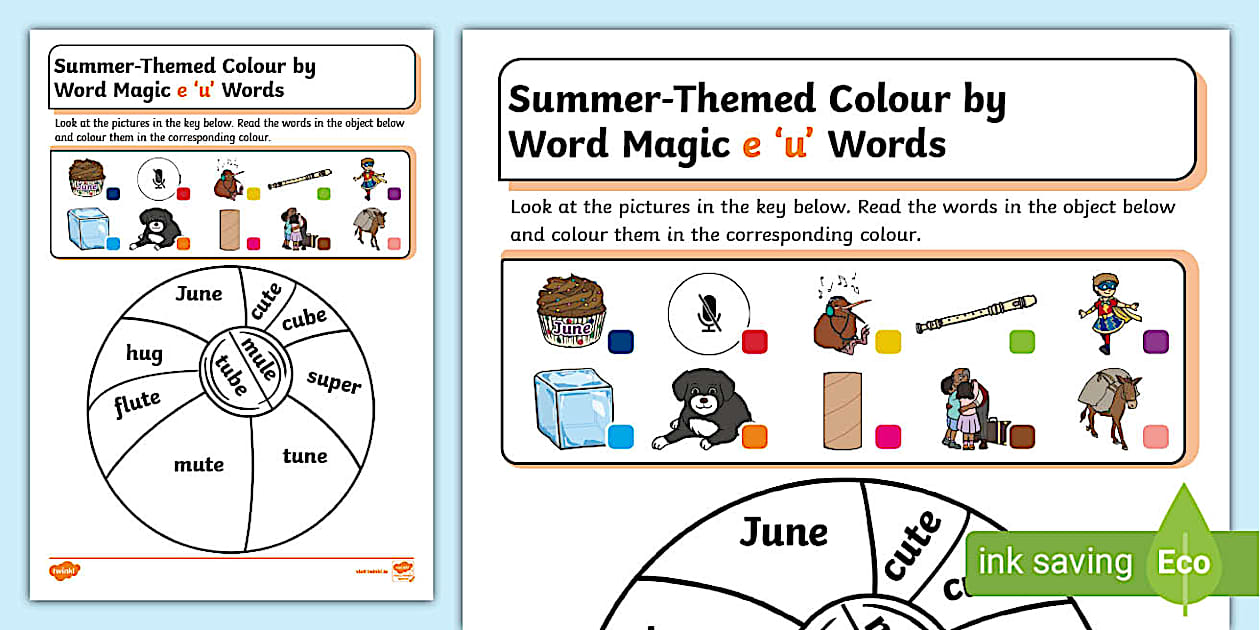 Summer Themed Colour by Word Magic e 'u' words - Twinkl