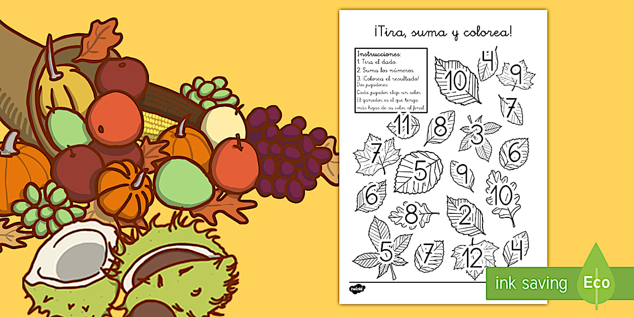 Ficha: ¡Tira, suma y colorea! - Las hojas - Twinkl