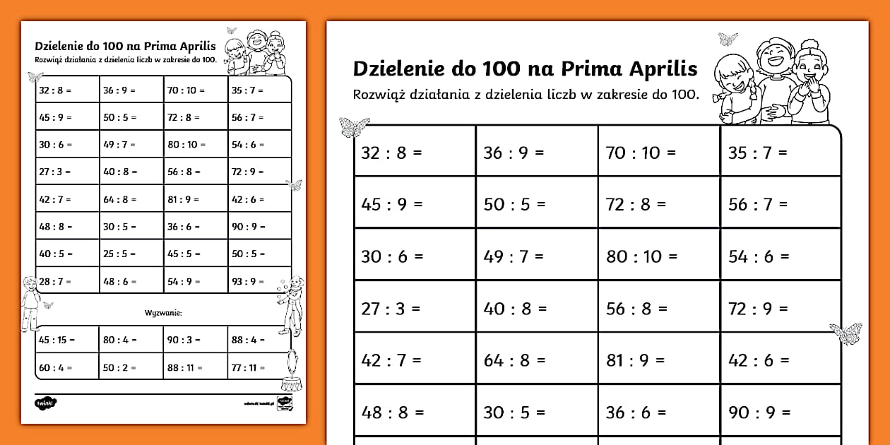 Dzielenie do 100 | Prima Aprilis | Karta pracy - Twinkl