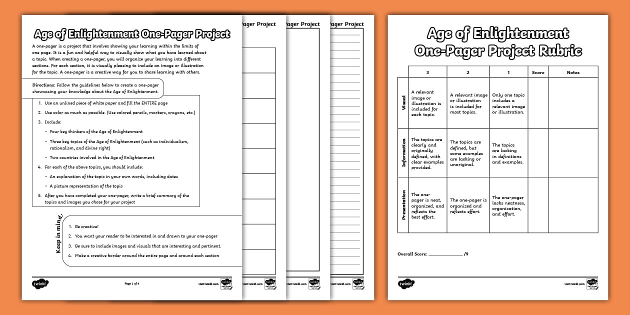 Age of Enlightenment One-Pager Project for 6th-8th Grade