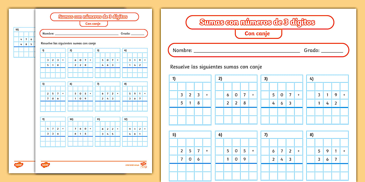 Guía de Trabajo: Sumas con números de 3 dígitos - Con canje