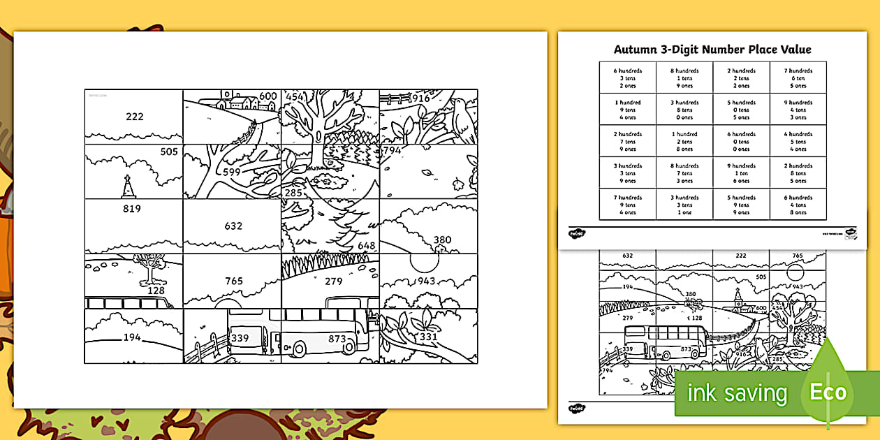 LKS2 Autumn Themed 3-digit Number Place Value Colouring Assessment Sheet
