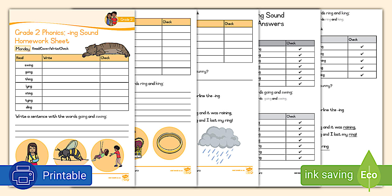 Grade 2 Phonics: -ing Suffix Homework Sheet - Twinkl