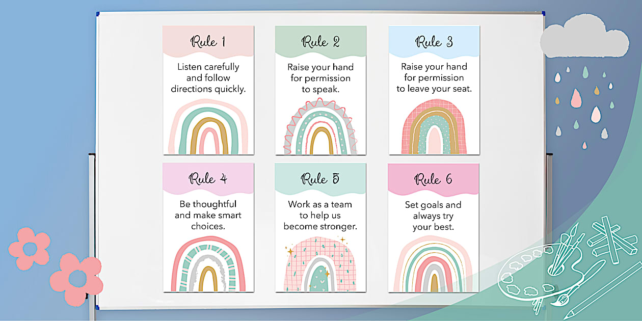 Classroom Rules Muted Rainbow-Themed Posters Pack - Twinkl