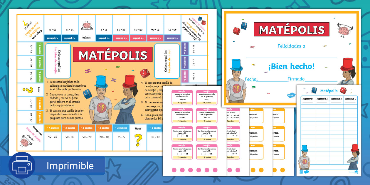 Juego de mesa: Matépolis - Restas hasta 100 - Twinkl