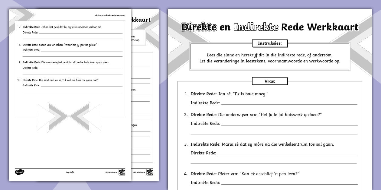 Graad 8 Direkte en Indirekte Rede Werkkaart (teacher made)