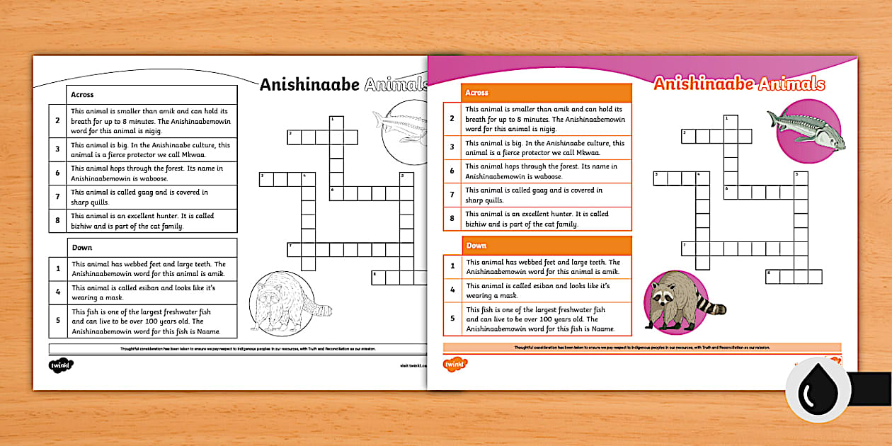 FREE! - Anishinaabemowin Animals Crossword (teacher made)