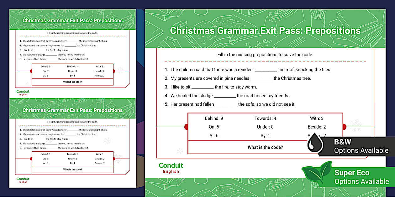 Christmas Grammar Exit Pass: Prepositions (teacher made)