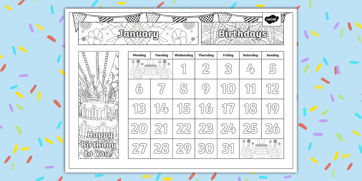 January Birthday Colouring Calendar Tracker
