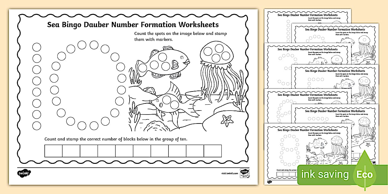Sea Bingo Dauber Number Formation Worksheets - Twinkl
