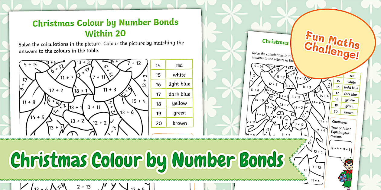 👉 Colour by Number Bonds Within 20 Christmas Worksheet