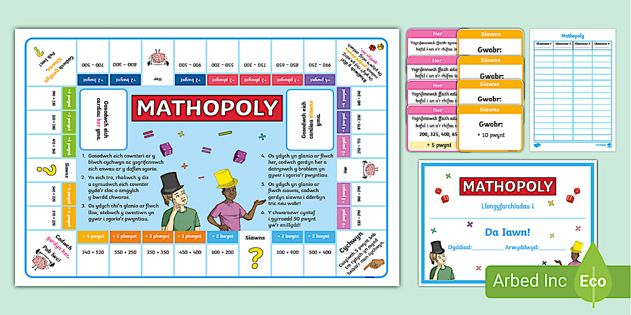 Mathopoly: Gêm Fwrdd Adio a Tynnu hyd at 1000 - Twinkl