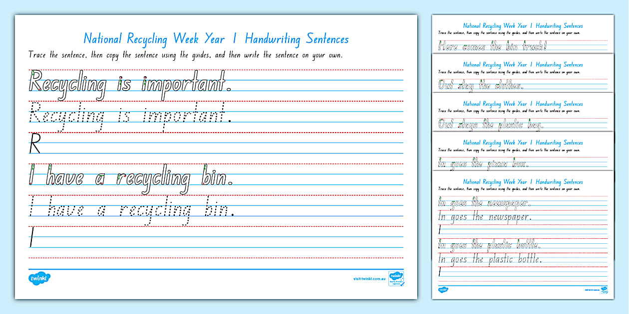 National Recycling Week Year 1 Handwriting Practice - Twinkl