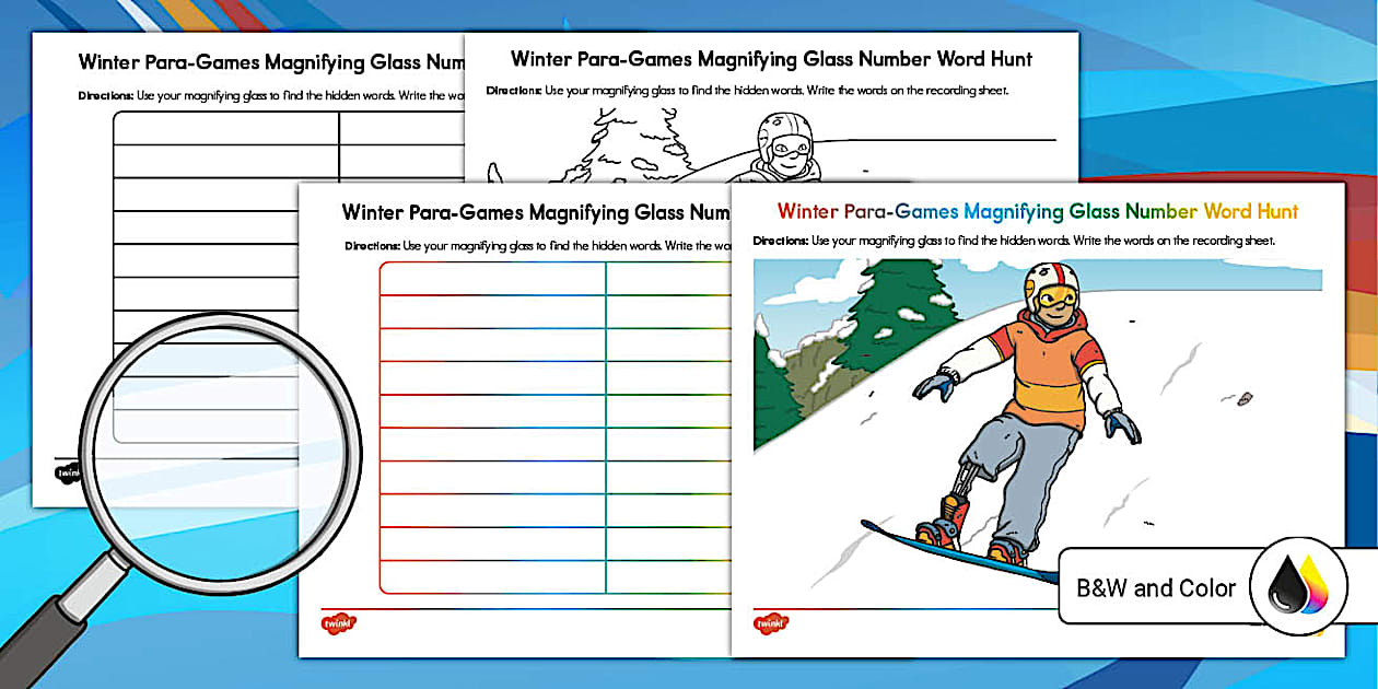 Winter Para-Games Magnifying Glass Number Word Hunt - Twinkl