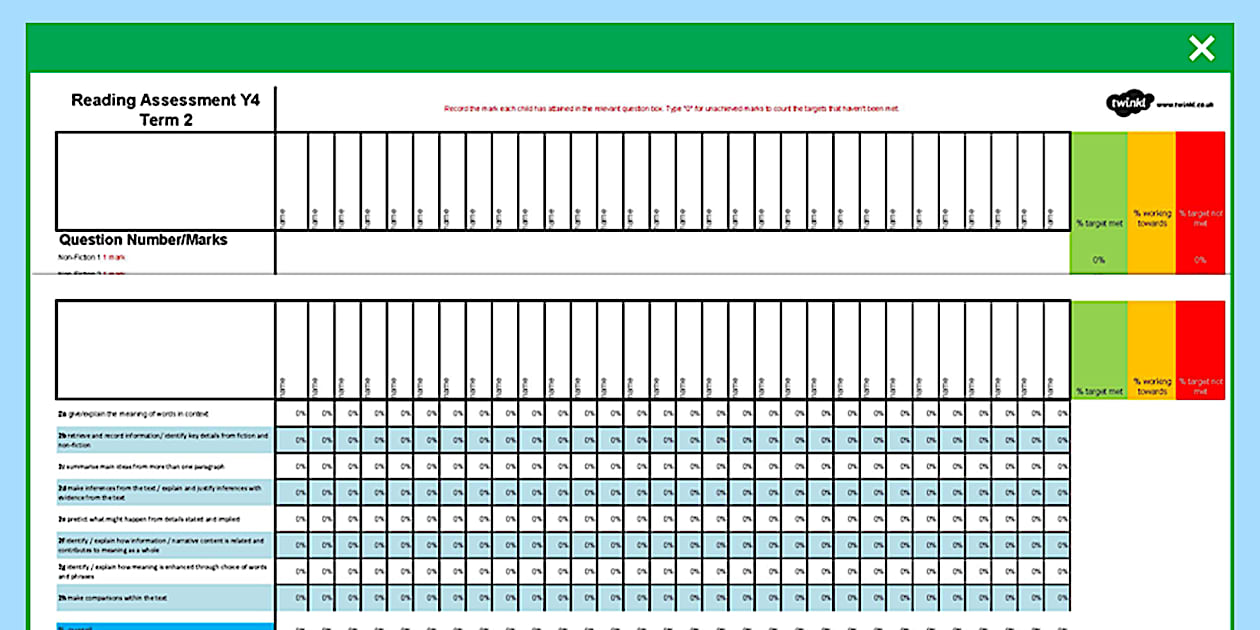 Year 4 Reading Assessment: Spreadsheet Term 2 - Twinkl