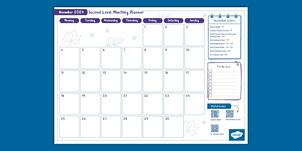November Second Level Teacher Doodle Month to View Planner