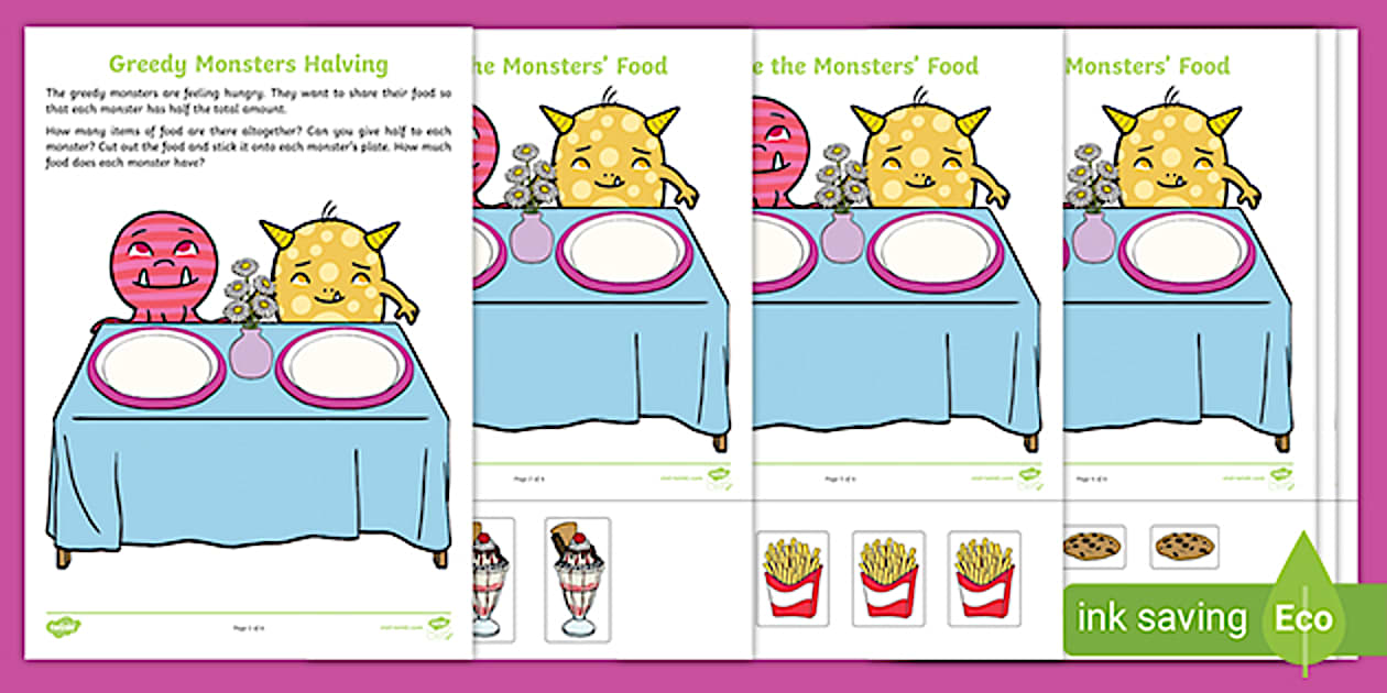 👉 Greedy Monsters Halving Worksheet - Twinkl
