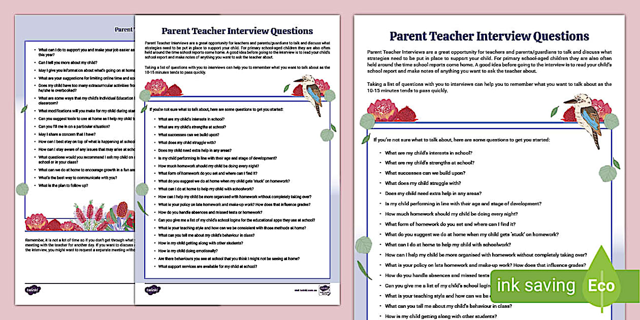 Parent Teacher Interview Questions - Printable | Twinkl