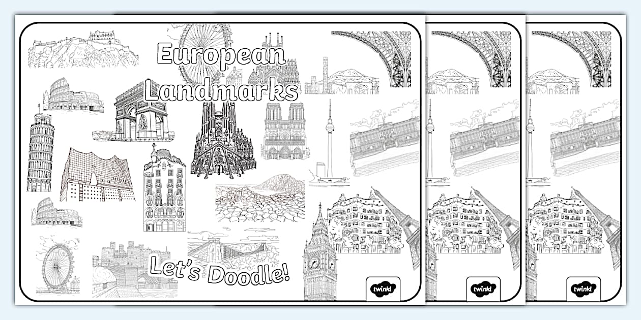 European Landmarks Doodle Colouring - Twinkl - KS2 - Twinkl