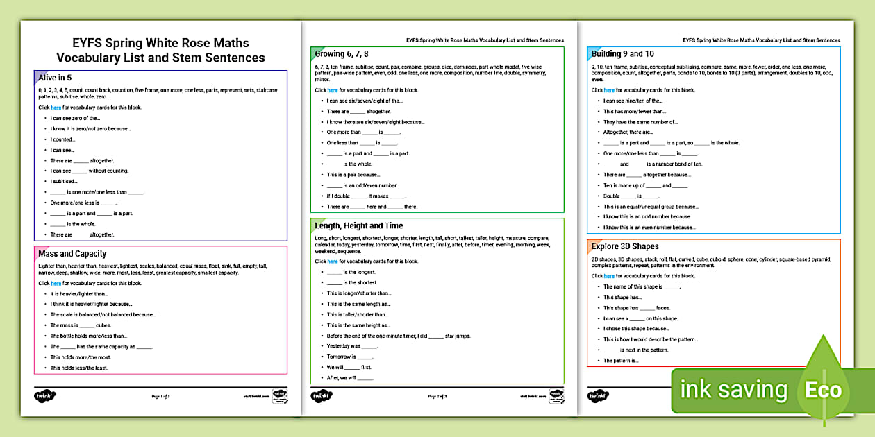 👉 Spring White Rose Maths Vocabulary List and Stem Sentences