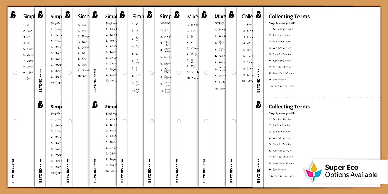Year 7-8 Algebra Worksheets | Simplifying Expressions