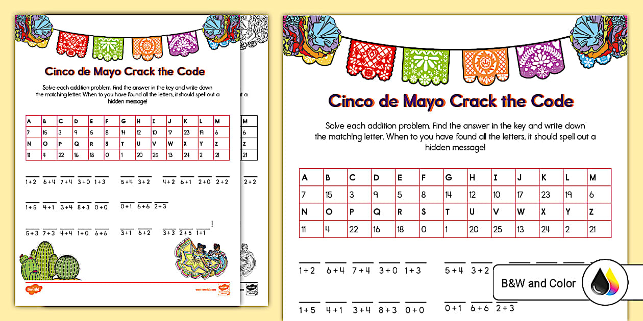 Cinco de Mayo Addition to 12 Crack the Code Worksheet K-2nd Gr