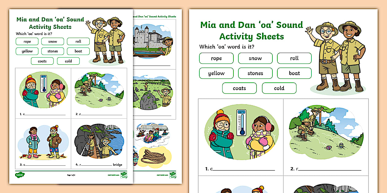Mia and Dan 'oa' Sound Activity Sheets (teacher made)