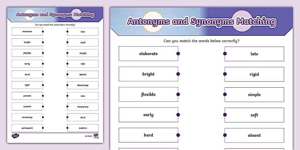* NEW * Antonyms and Synonyms Matching Worksheet - Twinkl