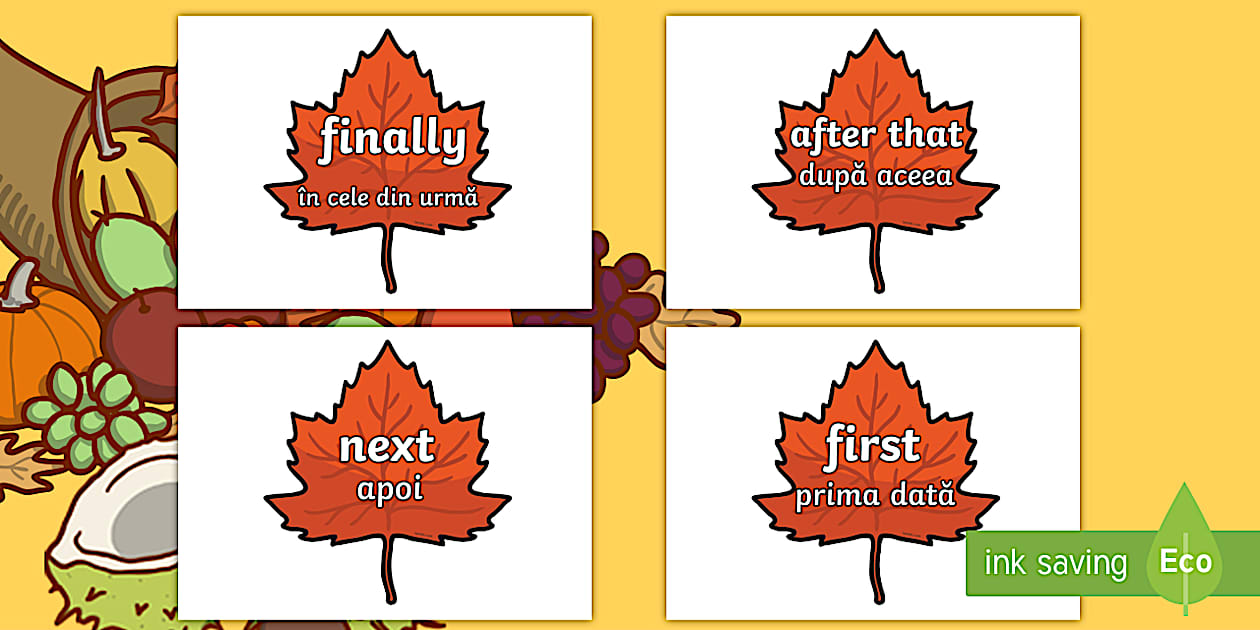 Time Conjunctions on Autumn Leaves English/Romanian - Twinkl