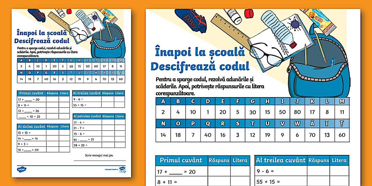 Înapoi la școală: Descifrează codul matematic – Fișă clasa 2