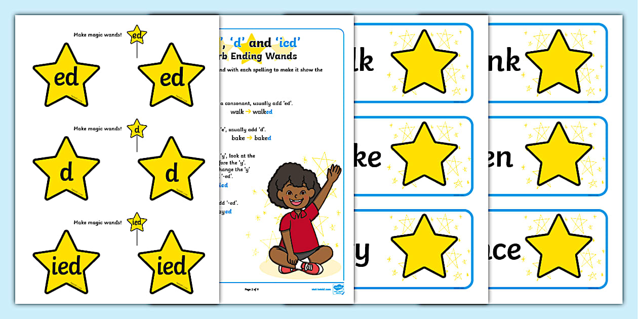 'ed', 'd' and 'ied' Verb Ending Wands (teacher made)