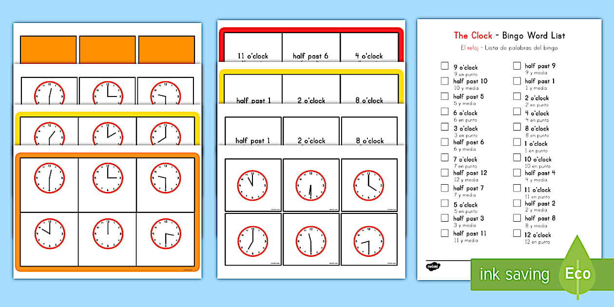 Half Past and O'Clock Time Bingo English/Spanish - Twinkl