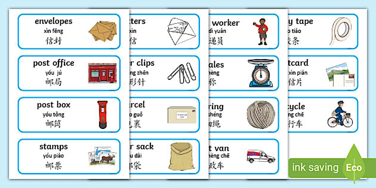 Post Office Word Cards - English/Mandarin Chinese/Pinyin